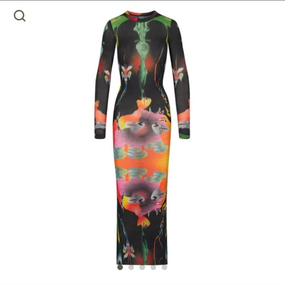 SKIMS | Dresses | Skims Summer Mesh Maxi Dress Obsidian Long Sleeve ...